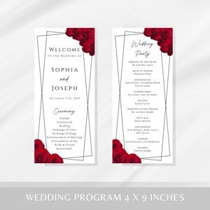 Wedding Program Template, Red Rose Wedding Order of Service, Tall ...