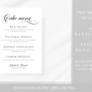 Calligraphy Cake Menu Sign Template, Traditional Wedding Cake Flavours ...