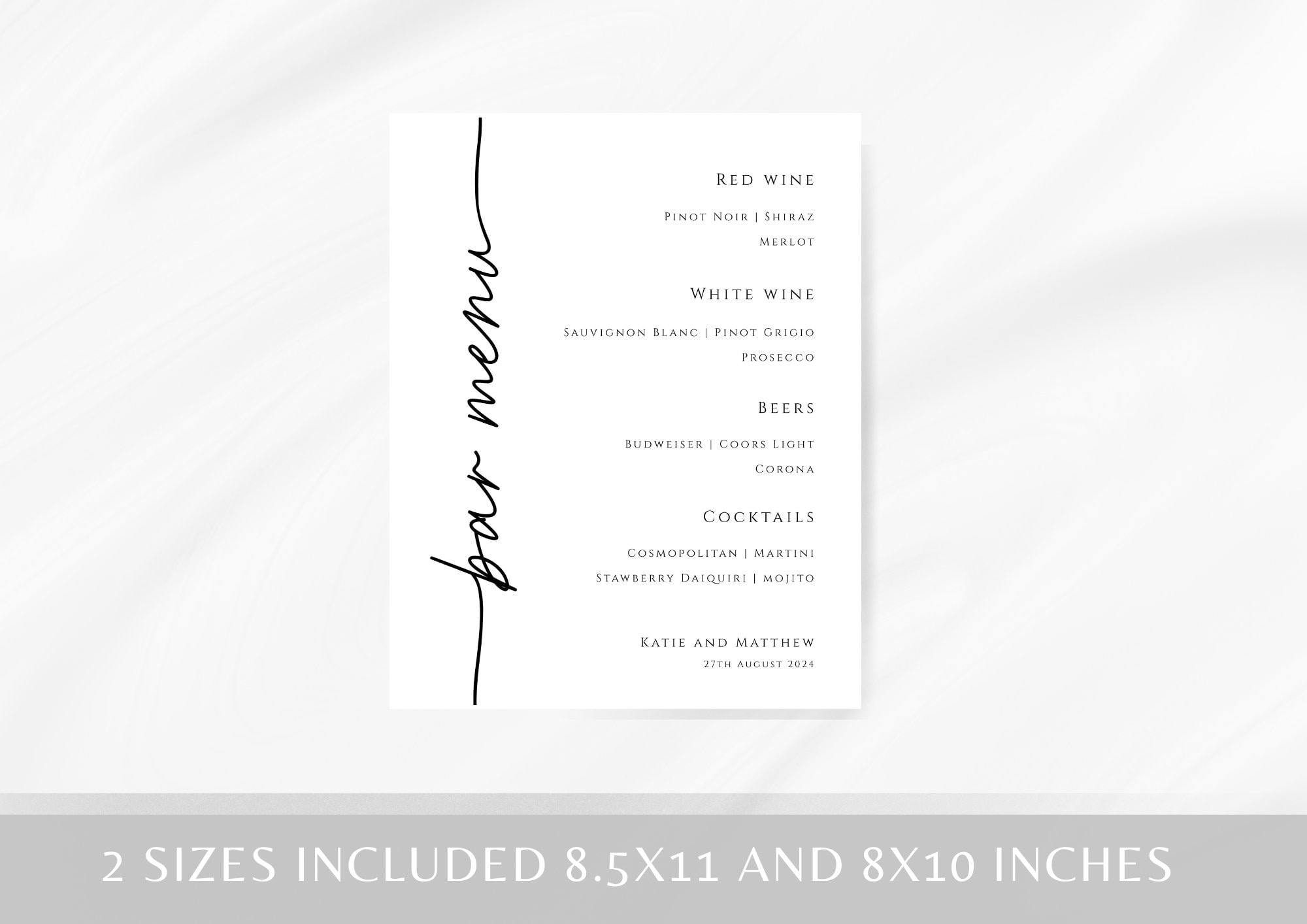 Wedding Bar Menu Template Simple Drinks Menu Sign Printable - Etsy