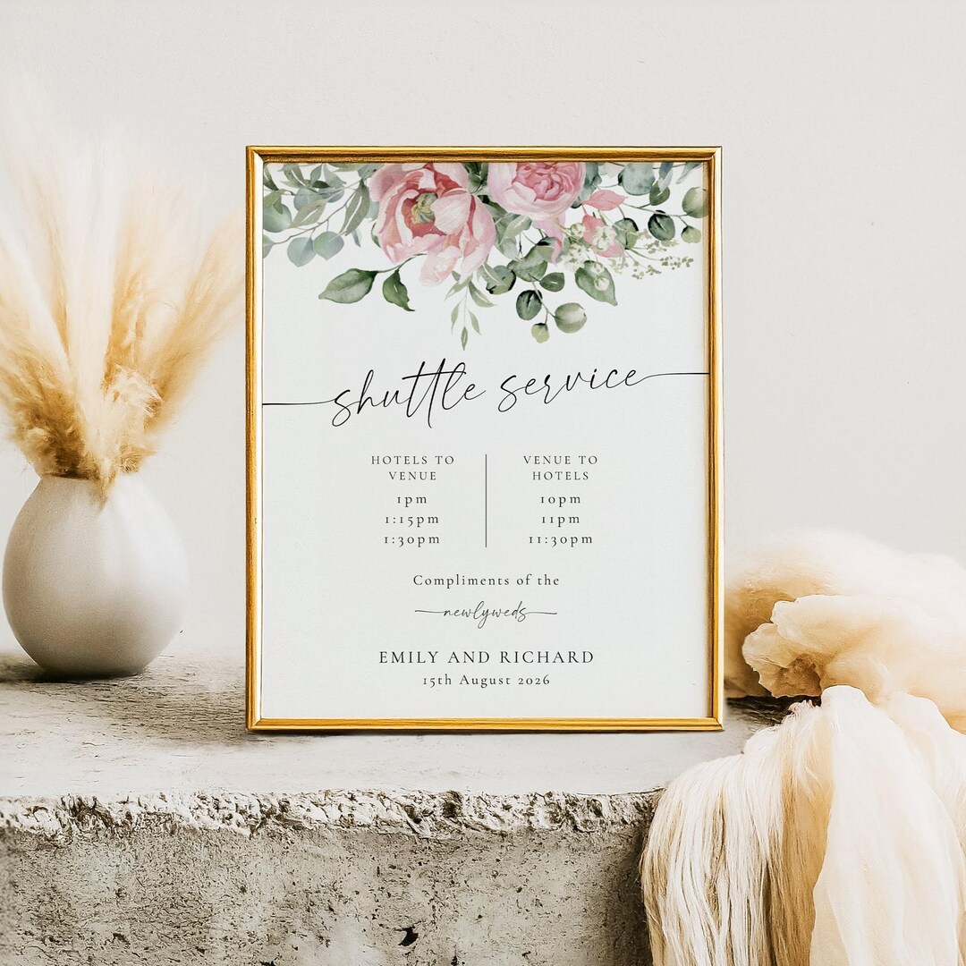 Pink Shuttle Sign Template, Printable Wedding Transportation Bus Times ...