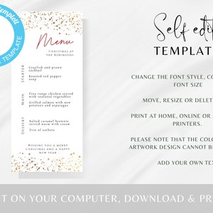 Gold Christmas Dinner Party Menu Template, Printable and Editable Tall ...