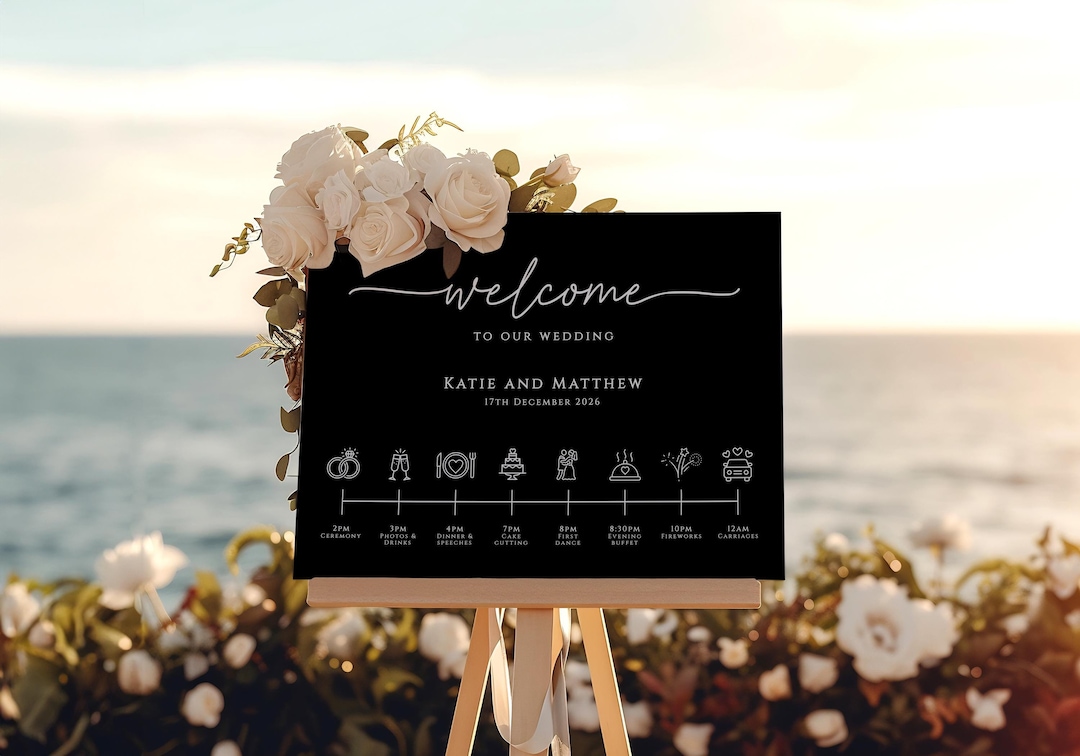 Wedding Welcome Timeline Sign With Icons, Black Simple Order of Day ...