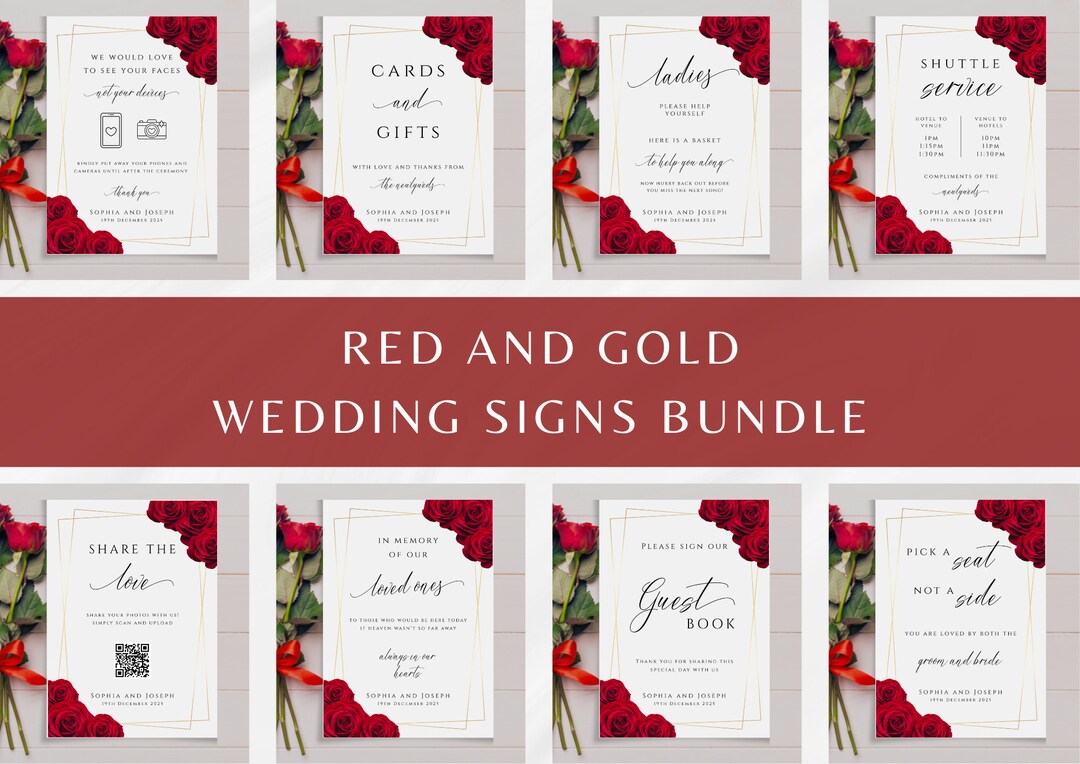 Red and Gold Wedding Signs Printable Template Bundle, Red Rose Diy ...