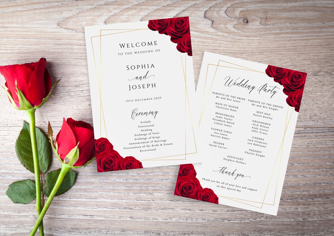 Red Wedding Program Template, Red Rose and Gold Border Printable ...