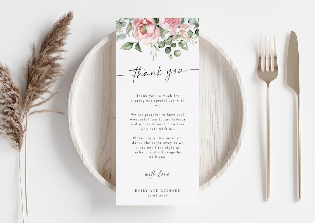 Pink Floral Thank You Place Card Template, Printable and Editable ...
