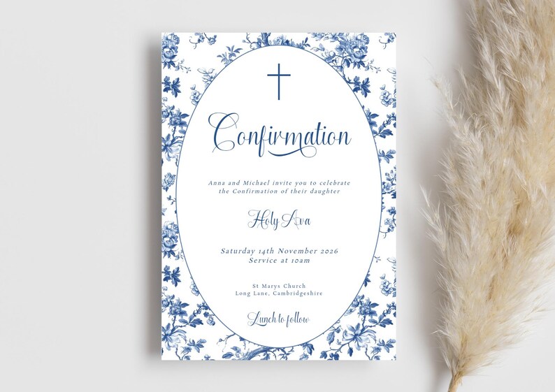 Blue Toile Confirmation Invitation Template: Vintage Floral, Add Photo ...