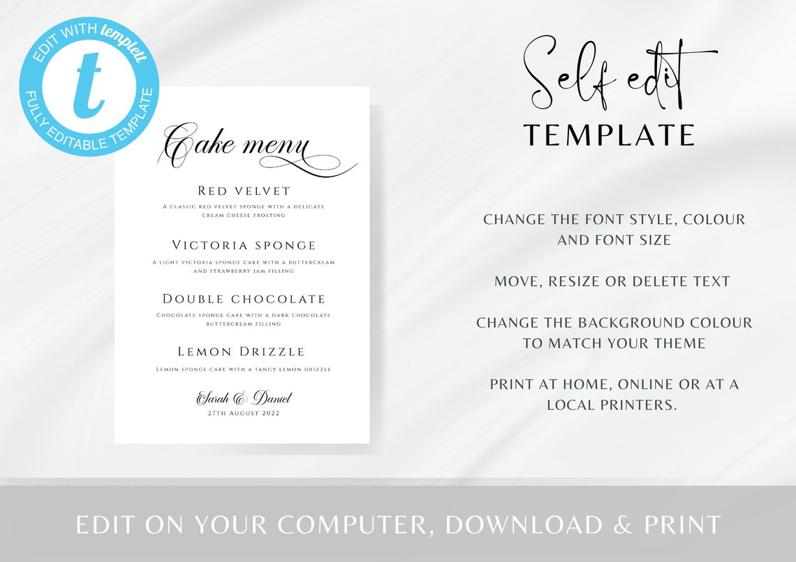 Calligraphy Cake Menu Sign Template Traditional Wedding Cake - Etsy UK