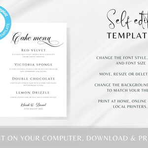 Calligraphy Cake Menu Sign Template, Traditional Wedding Cake Flavours ...