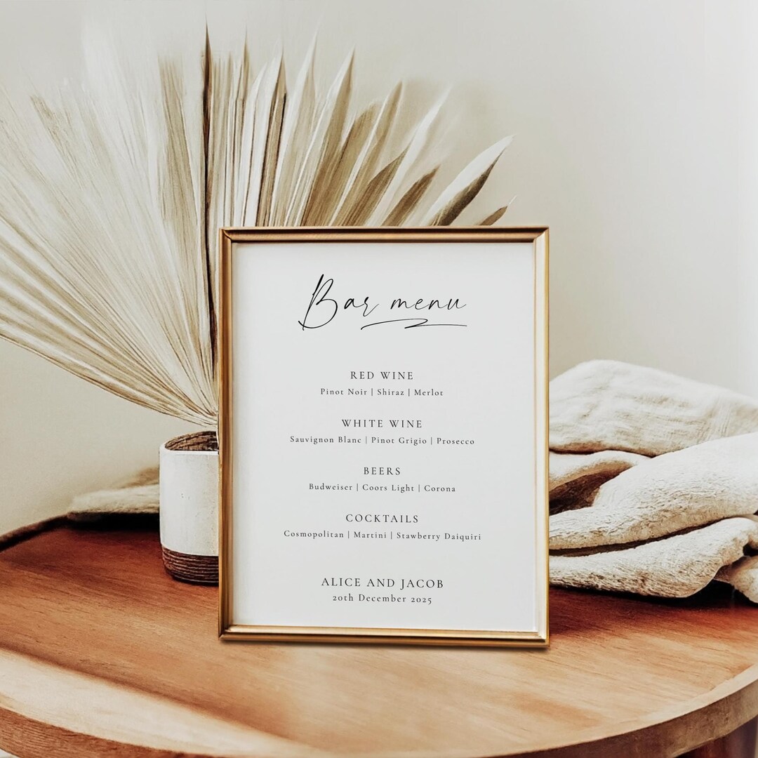 Modern Bar Menu Printable Template, Script Wedding Drinks Menu Sign ...