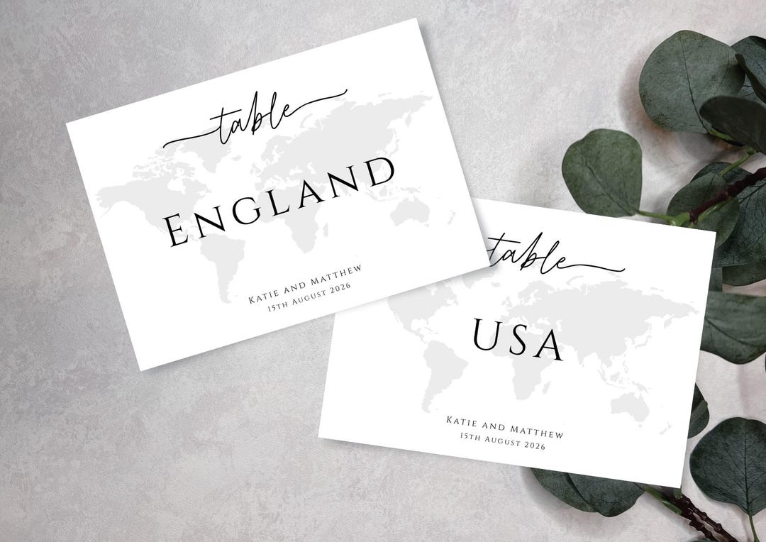 Editable Country Wedding Table Name Template, World Map Table Number ...
