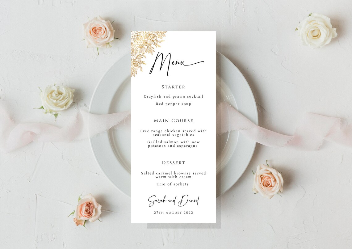 Gold Menu Template Printable Gold Floral Wedding Menu - Etsy