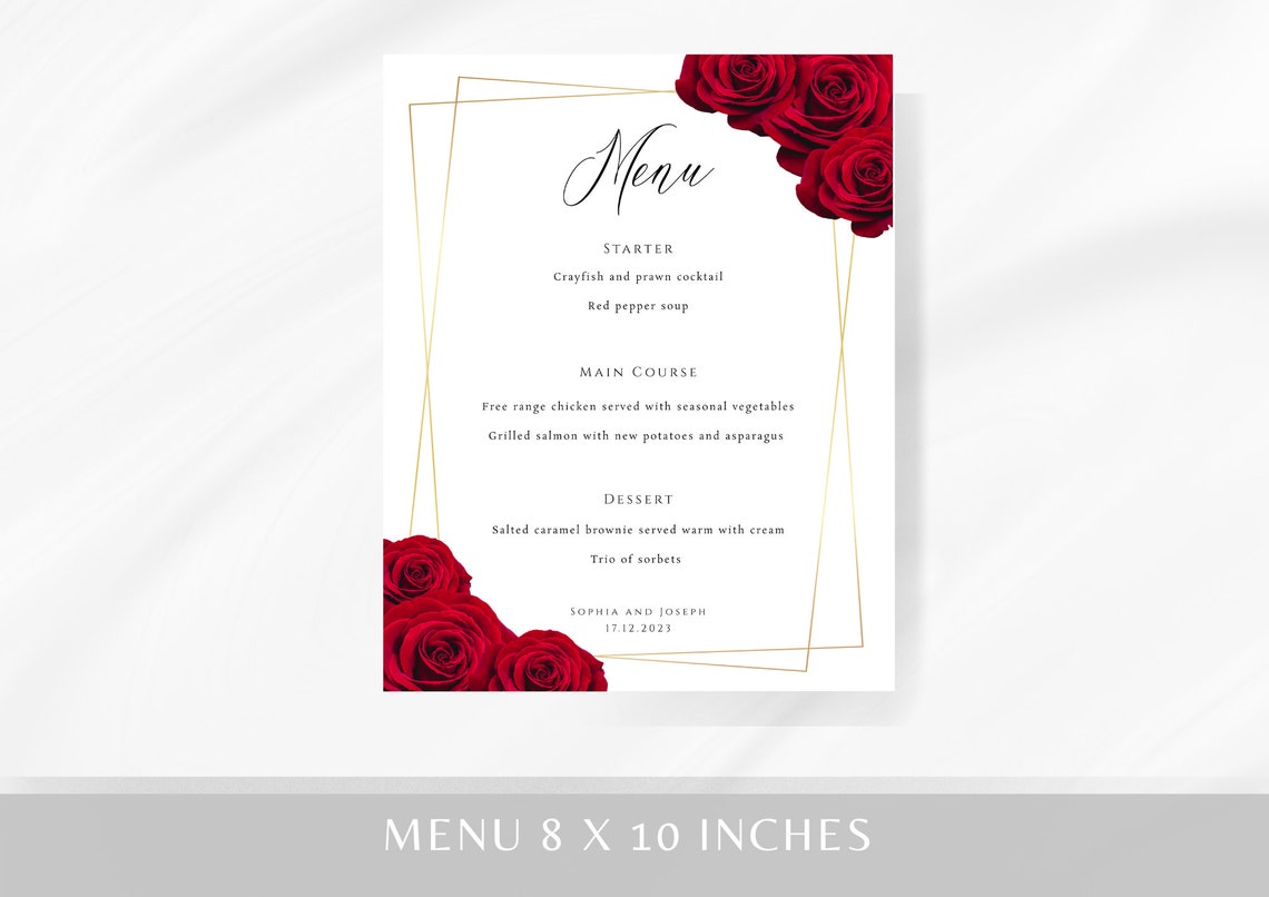 Red Rose Wedding Menu Template, Red and Gold Wedding Menu Card, Gold ...