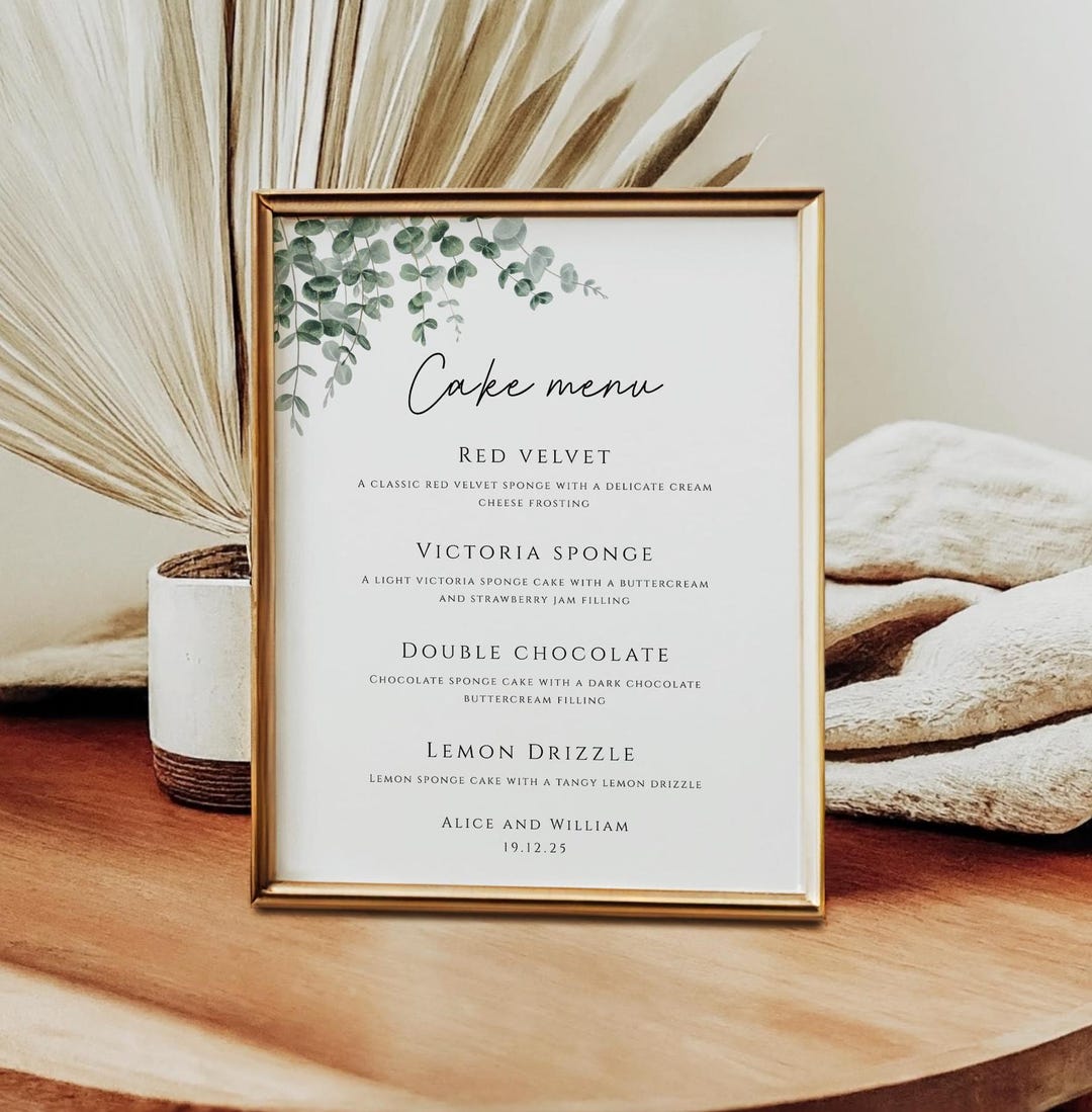 Greenery Wedding Cake Menu Sign Template, Eucalyptus Cake Sign ...