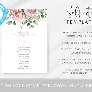 Pink Seating Chart Cards Template, Wedding Pink Peony Floral and ...