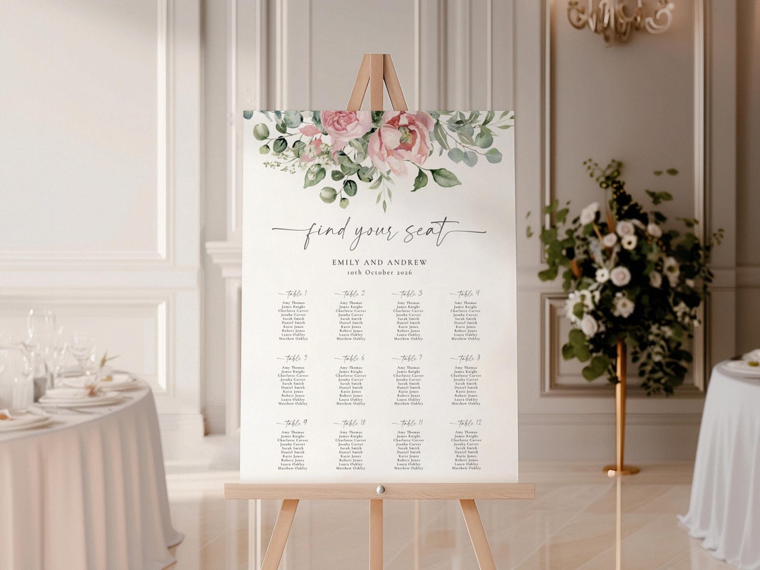Pink Wedding Table Plan Template, Editable Seating Chart, Peony Floral ...