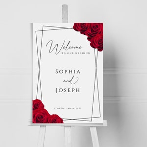 Red Wedding Welcome Sign Template, Red Rose and Black Border Welcome ...