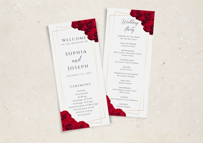 Wedding Program Template, Red Rose Wedding Ceremony Program, Gold Frame ...