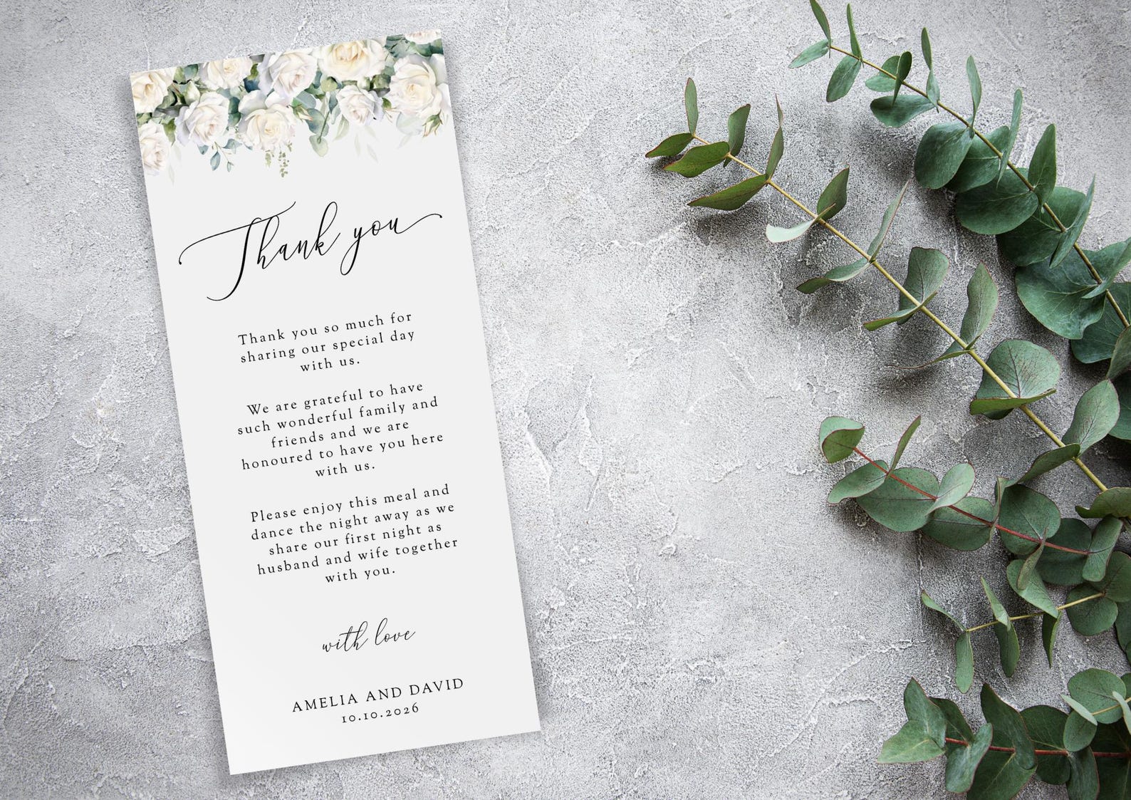 White Floral Thank You Place Card Template, Printable Wedding, Roses ...