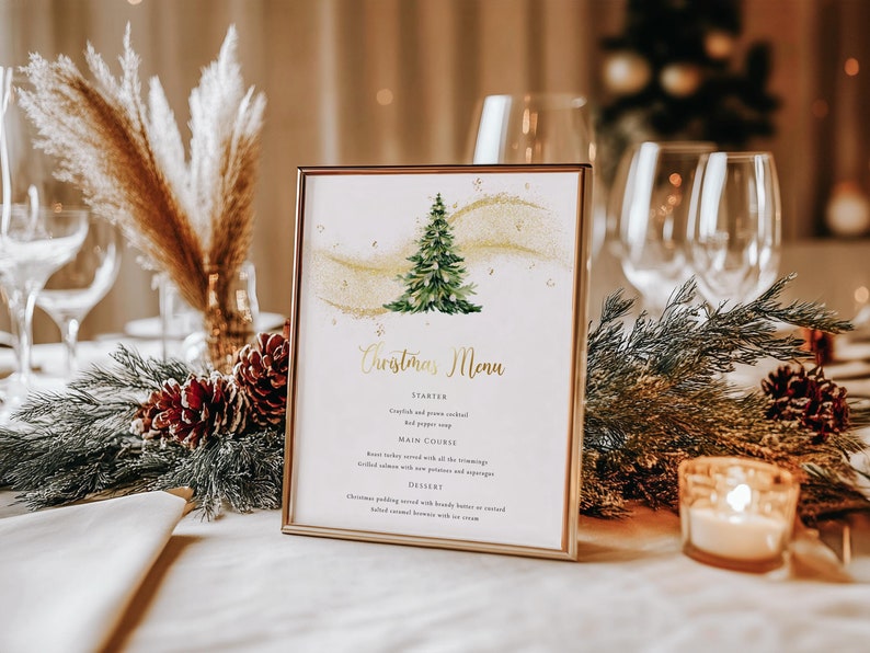 Christmas Tree Menu Template, Printable Green & Gold Festive Dinner ...