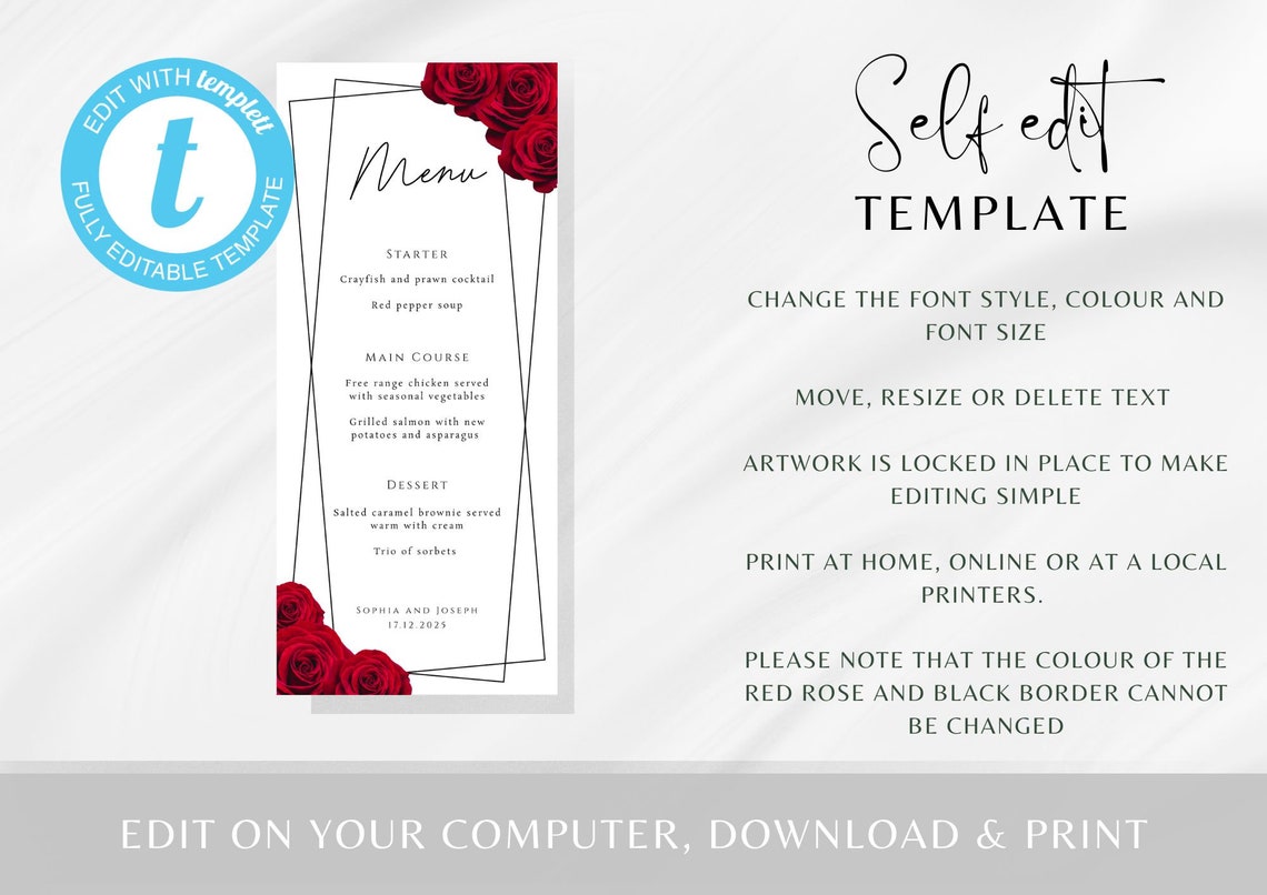 Red Wedding Menu Template, Red Rose Tall Wedding Menu Sign, Black ...