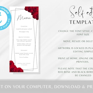 Red Wedding Menu Template, Red Rose Tall Wedding Menu Sign, Black ...
