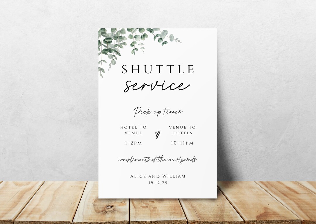 Wedding Shuttle Sign Template, Greenery Wedding Transportation ...