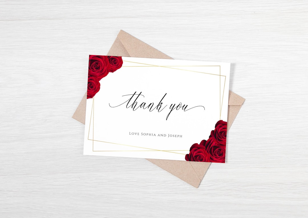Red Rose Thank You Card Template, Wedding Flat and Folded Thank You ...