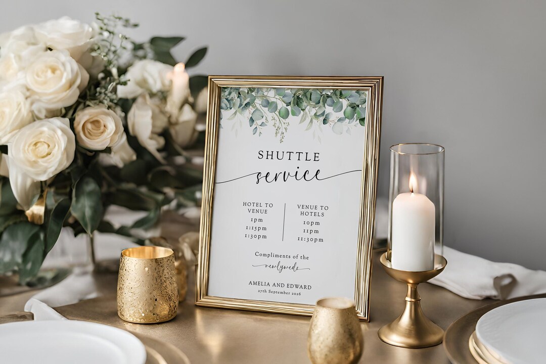 Eucalyptus Wedding Shuttle Bus Sign Template: Printable Greenery ...