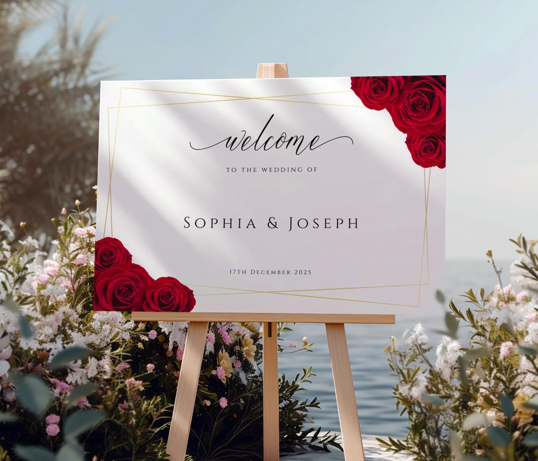 Red and Gold Wedding Welcome Sign Template, Printable Red Rose and Gold ...