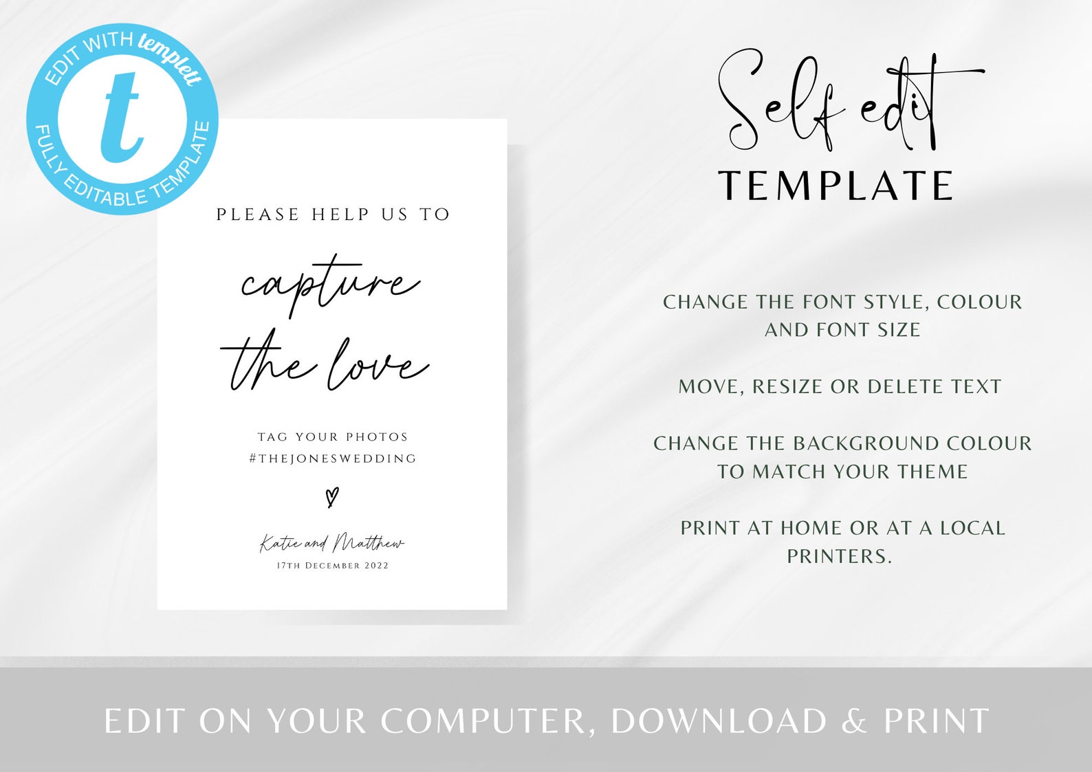 Capture the Love Wedding Sign Template Photo Hashtag Sign - Etsy UK