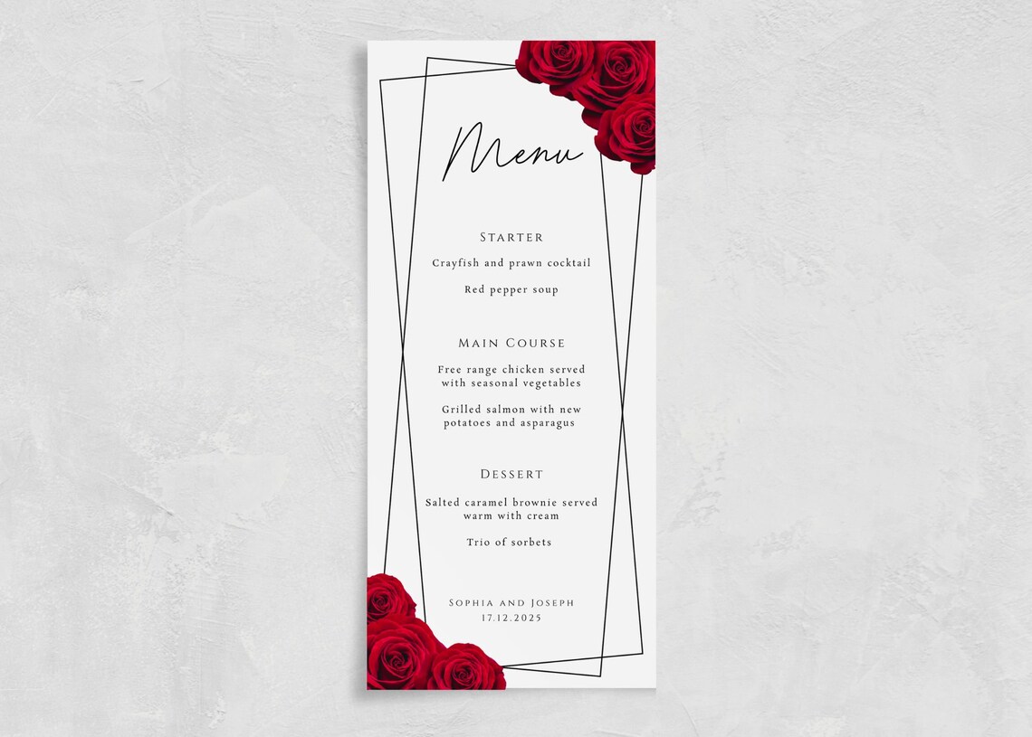 Red Wedding Menu Template, Red Rose Tall Wedding Menu Sign, Black ...