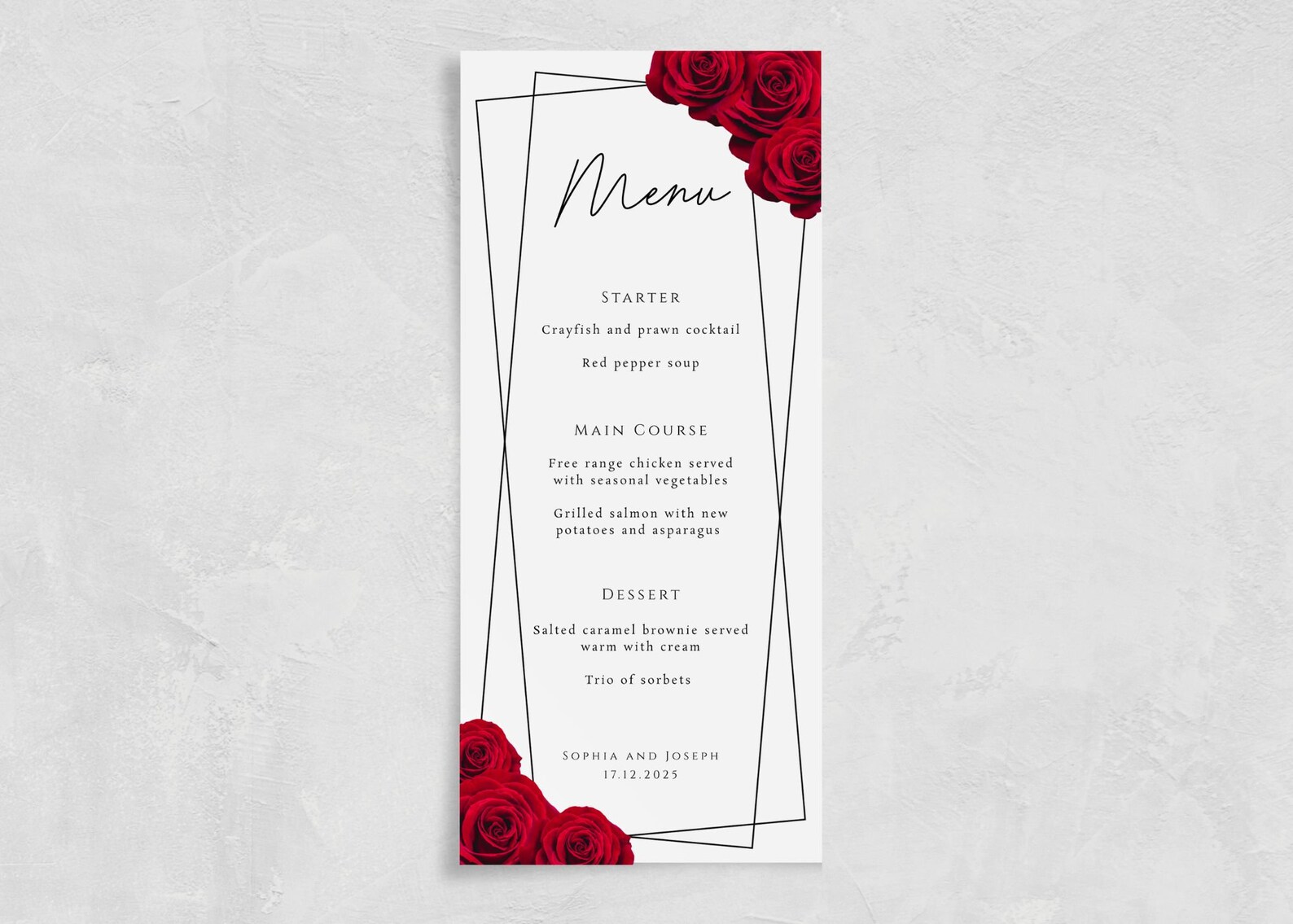 Red Wedding Menu Template, Red Rose Tall Wedding Menu Sign, Black ...