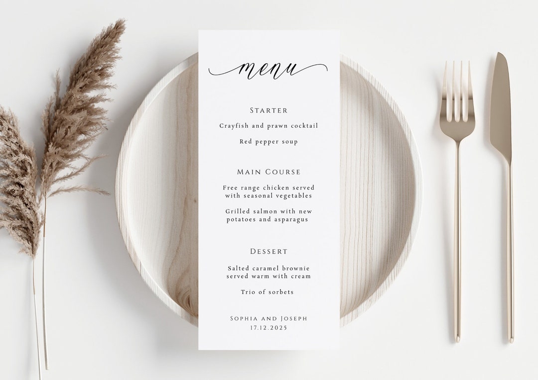 Modern Script Wedding Menu Template, Tall Printable Wedding Menu Sign ...