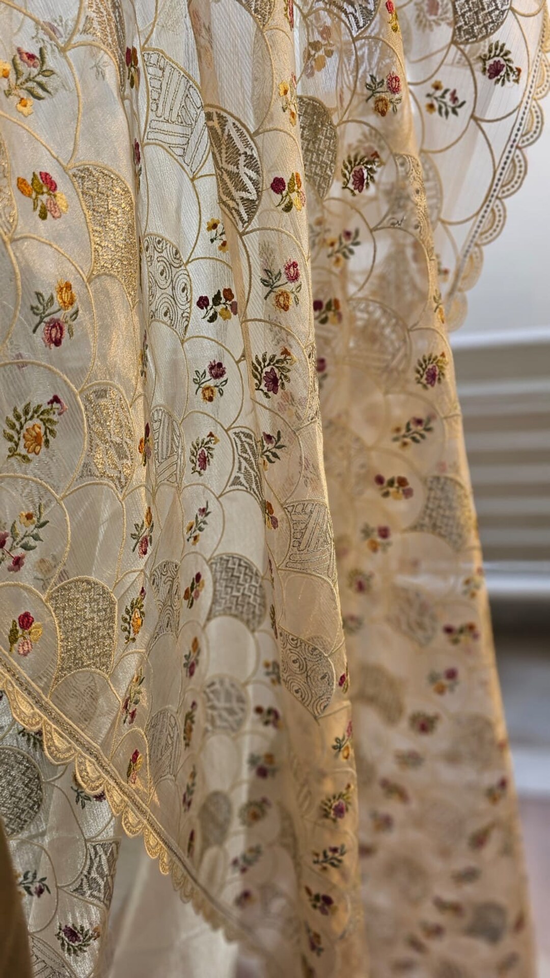 Pure Tissue Silk Stripe Embroidery Jaal Saree With Scallop Cutwork ...
