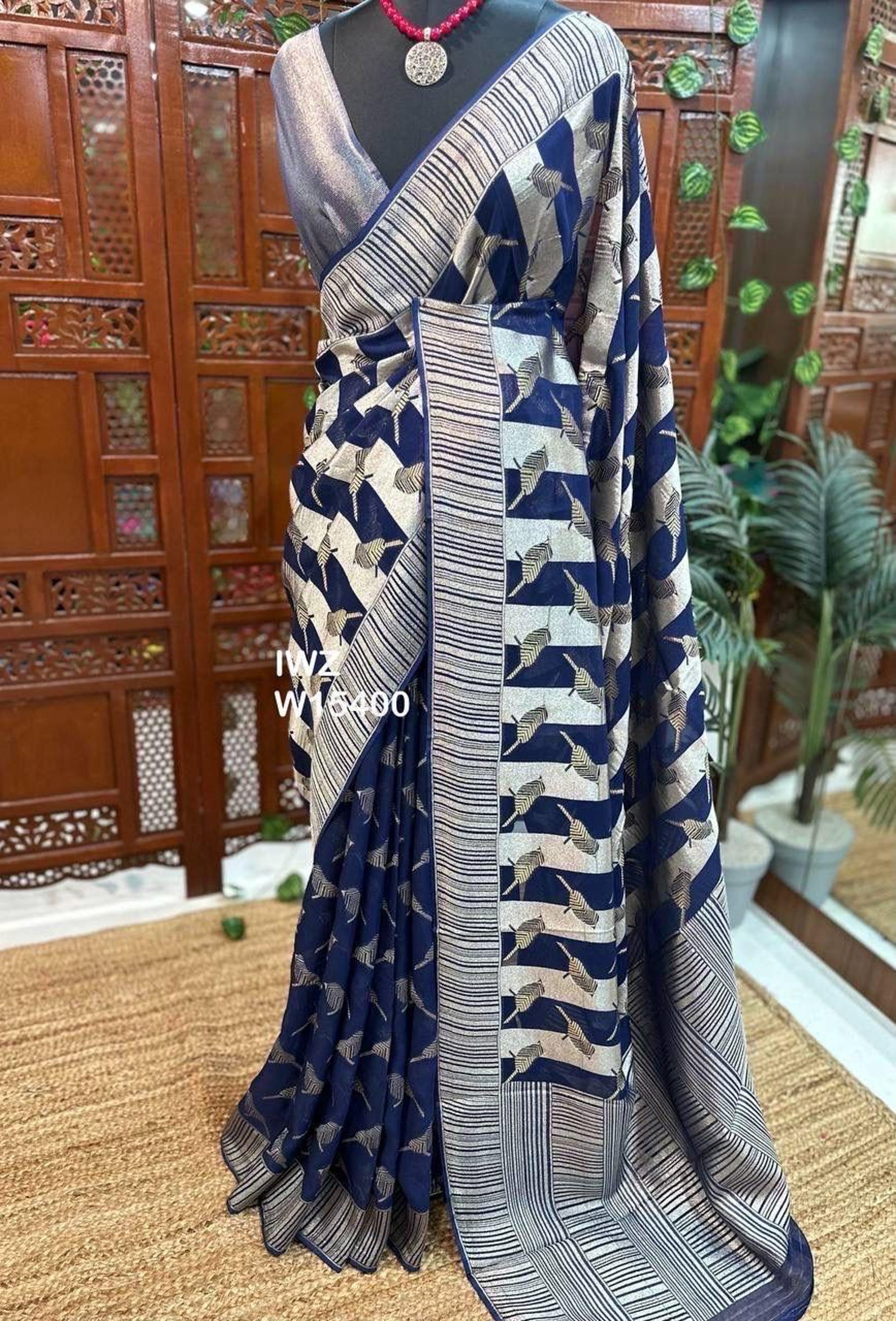 Banaras Kaddhi Georgette With Antique Silver Weaving Parrots in Stripes ...