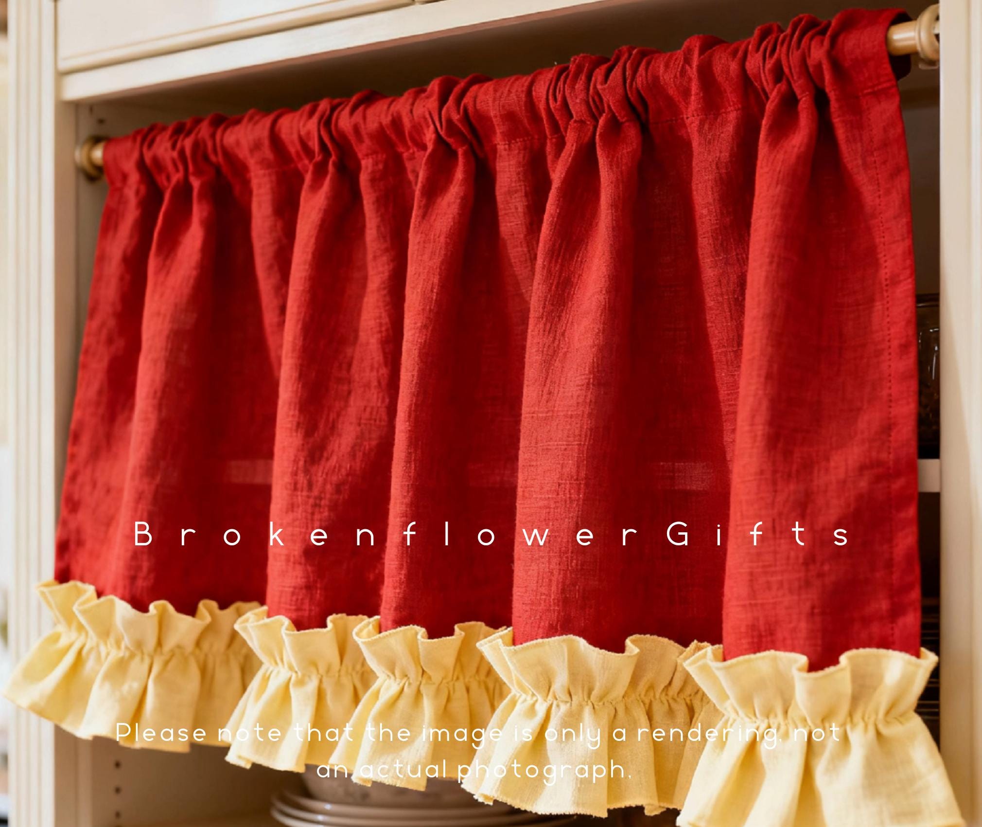 Red Cotton Cafe Curtain, Ruffled Rod Pocket, Short Window Treatment - Etsy