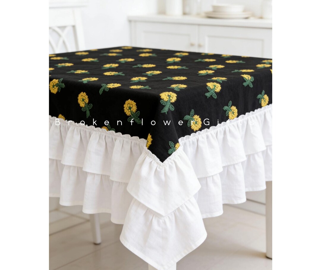 Embroidered Daisy Flower Tablecloth - Black Farmhouse Tablecloth ...