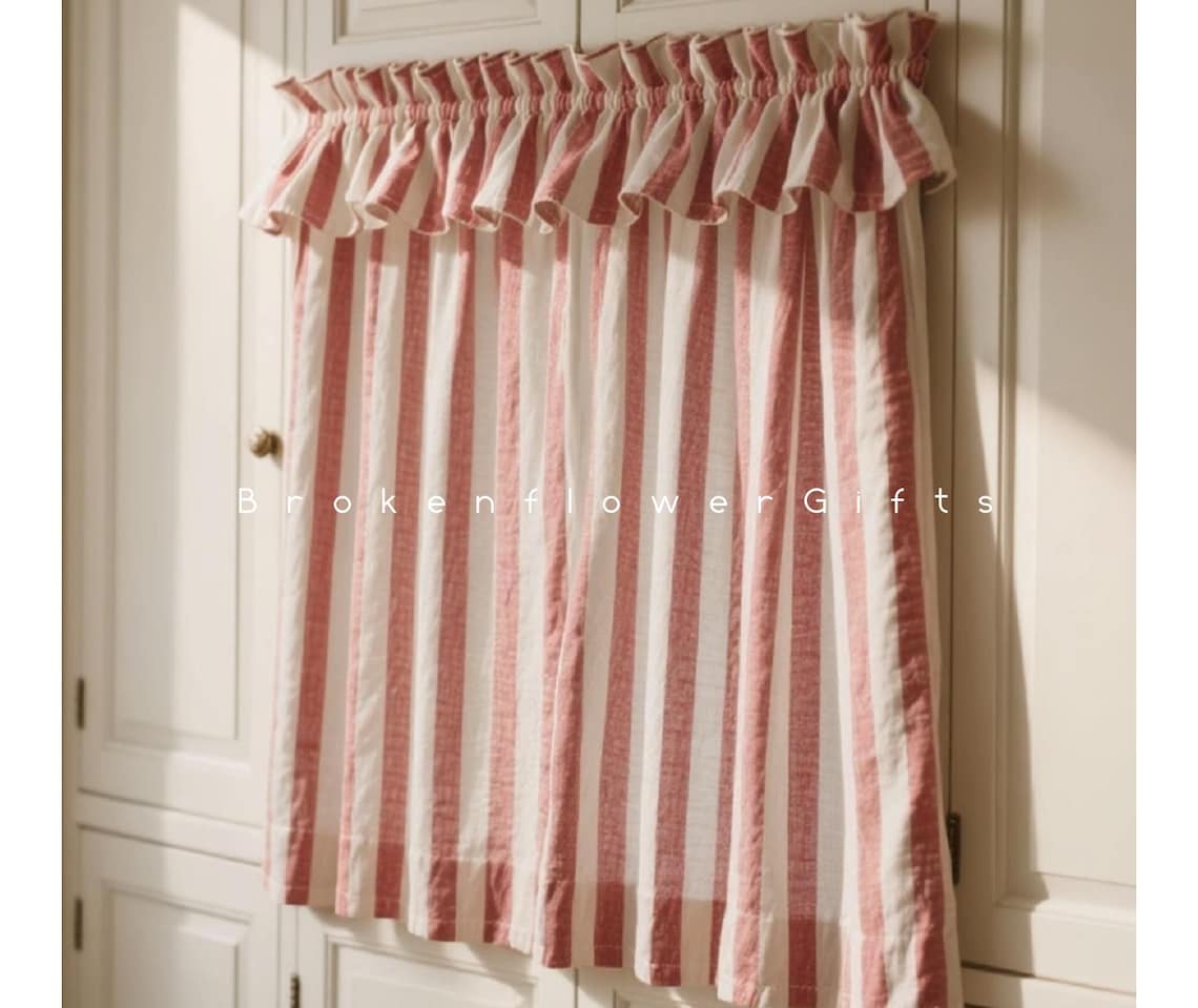 Red Striped Cafe Curtain, Linen Blend Ruffled Drapery, Rod Pocket - Etsy