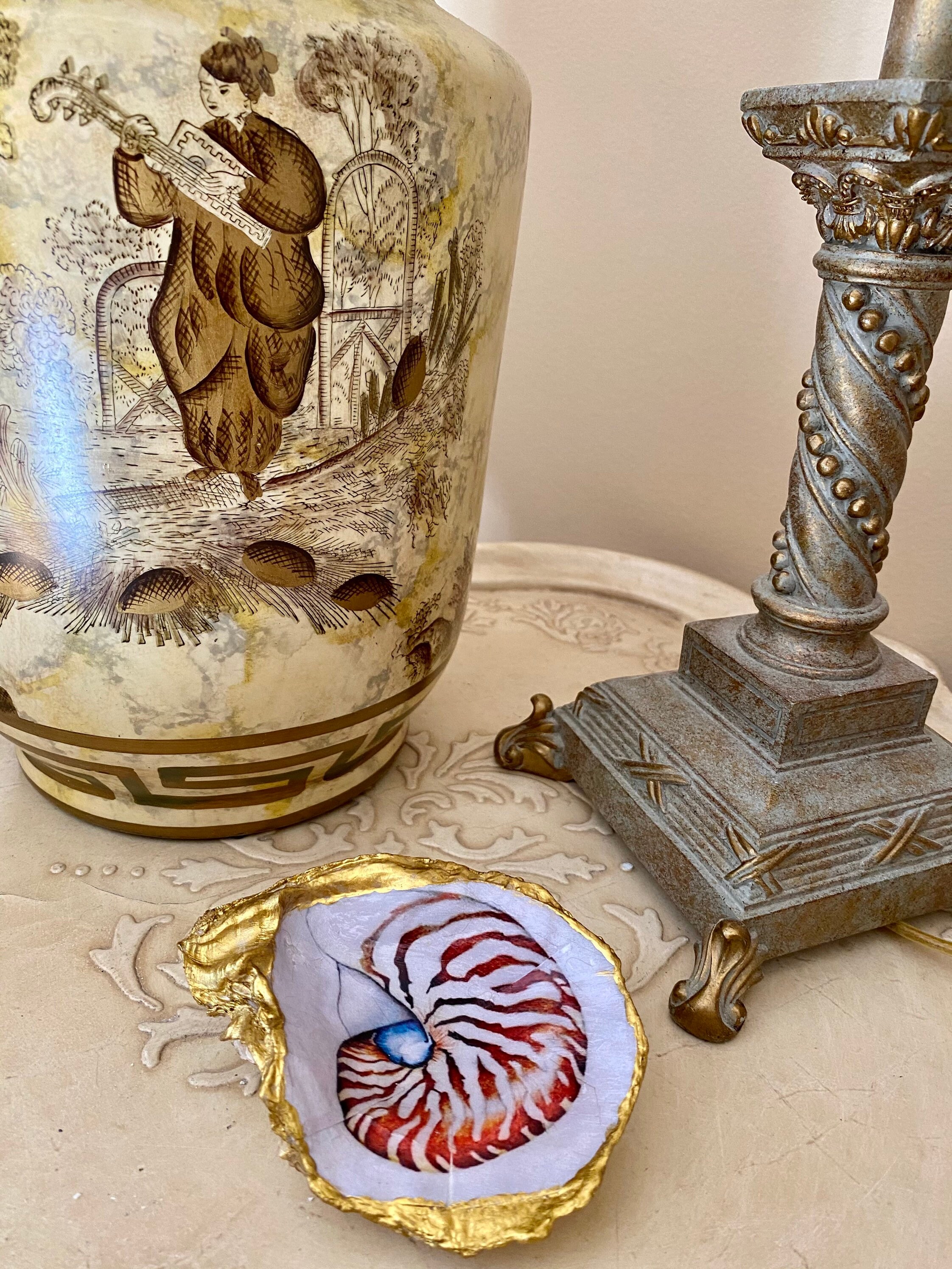 Large Red Nautilus Themed Oyster Shell Ring Dish, Jewelry Holder ...