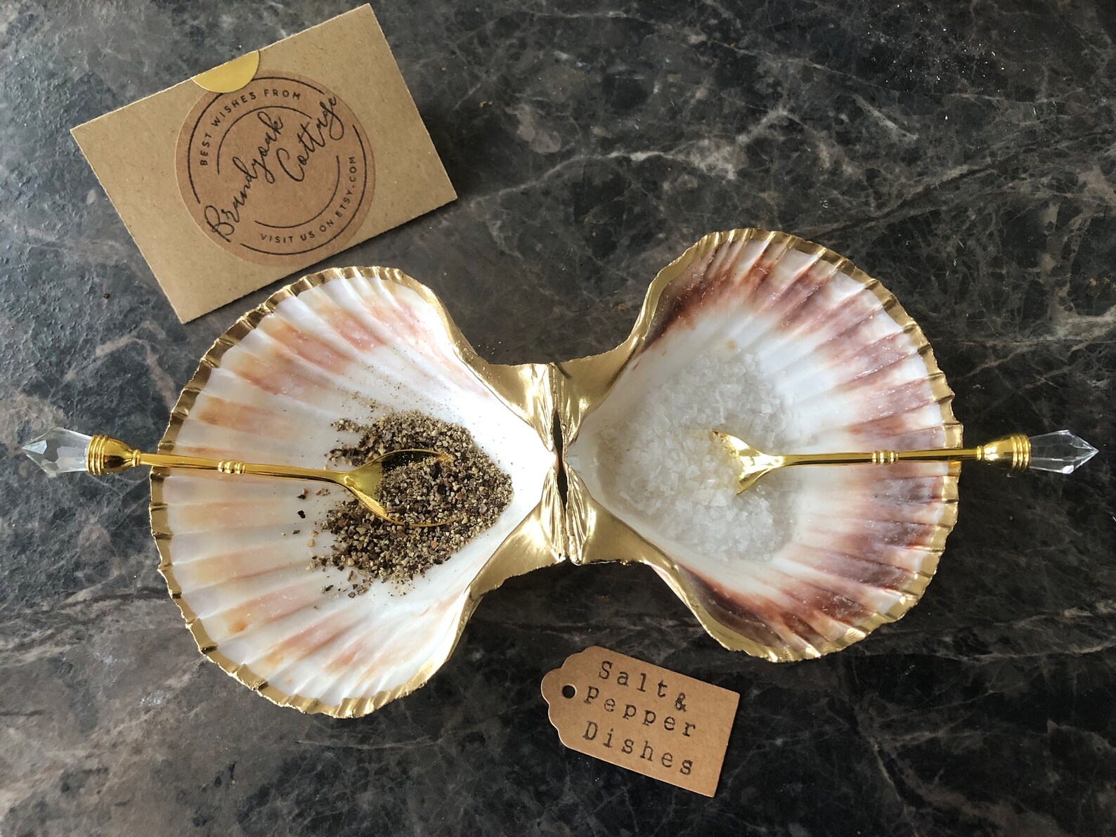 Gold Scallop Shell Salt & Pepper Cruet Dishes With Golden Spoons | Salt ...