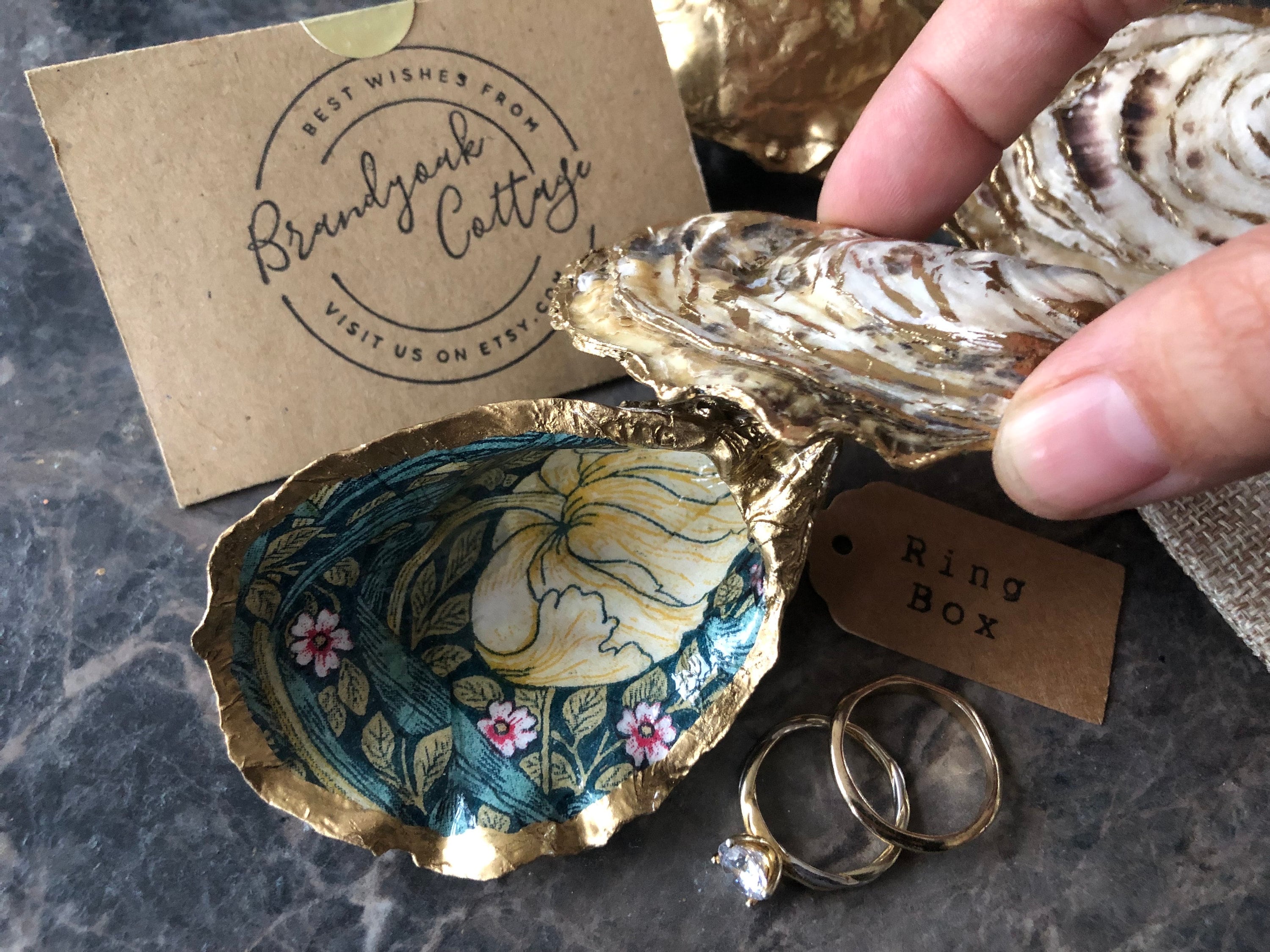 William Morris Pimpernel Whole Oyster Shell Ring Box | Teal Green ...