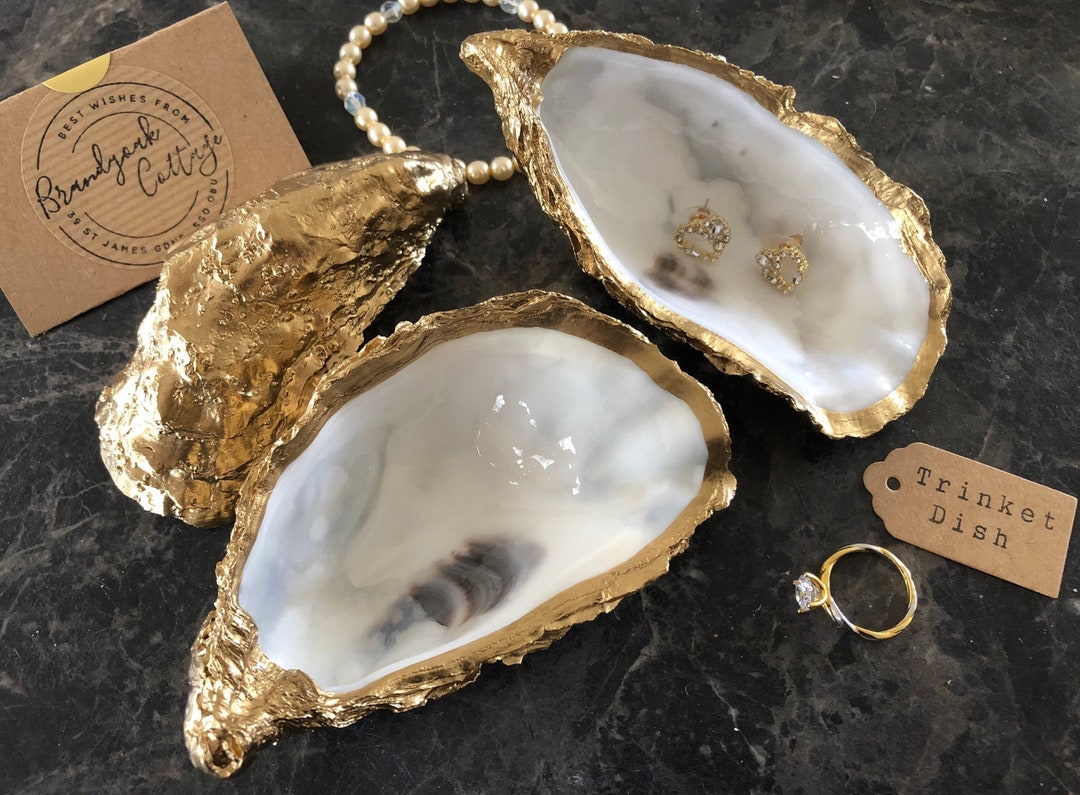 Oyster Engagement Ring Dish White & Gold Oyster Shell Trinket Dish ...