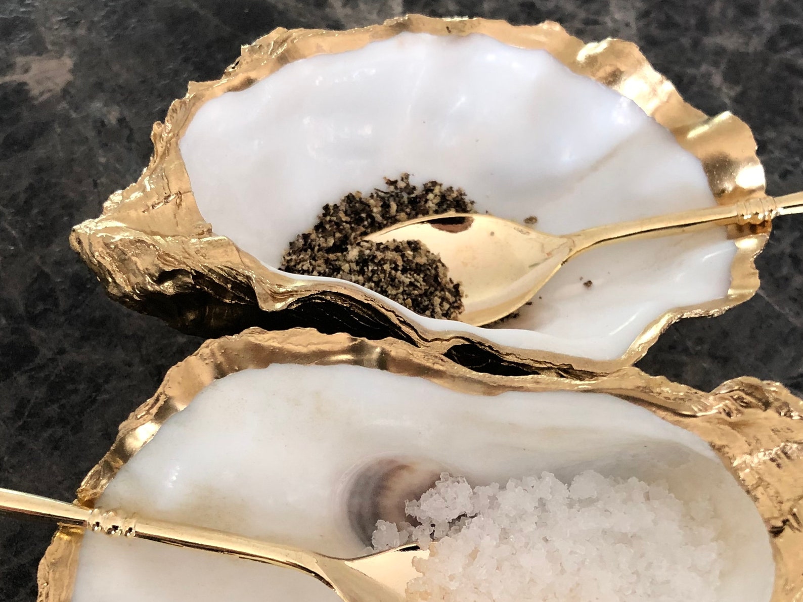 Pair of Gold Oyster Shell Salt & Pepper Cruet Dishes With Golden Spoons ...