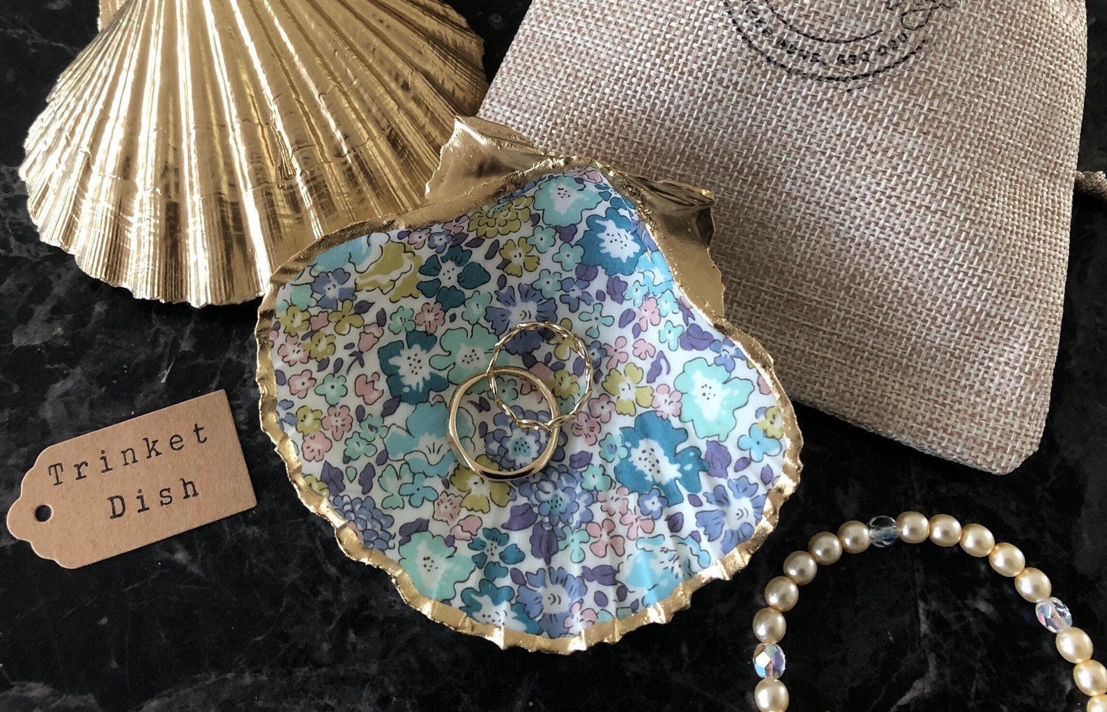 Liberty Print Gift Gold Shell Pastel Trinket Dish in Michelle Pink Blue ...