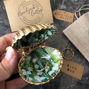 Cockle Shell Ring Box With Ribbon Hinge White Green Lily Valley ...