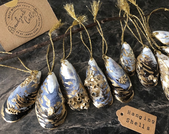Gilded Barnacle Mussel Shell Christmas Decorations, Blue Gold Hanging ...