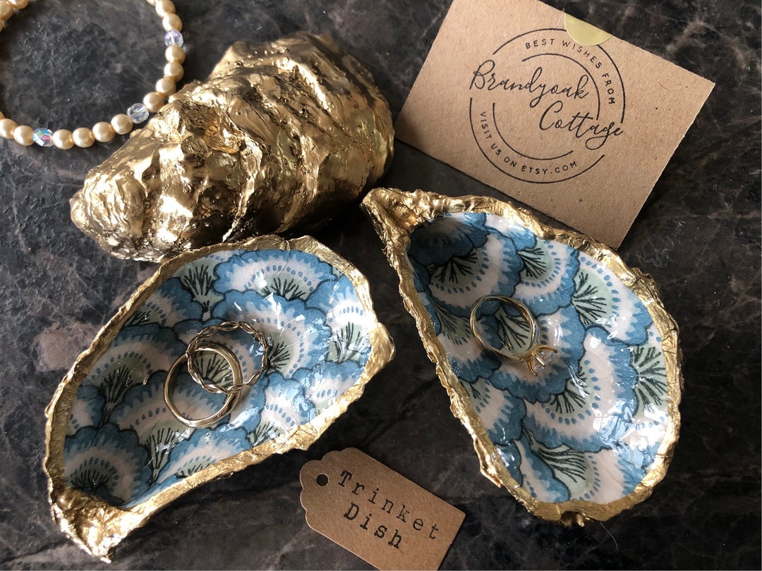 Oyster Shell Trinket Dish in Pierre Frey Decor Pontchartrain Blue Gold ...