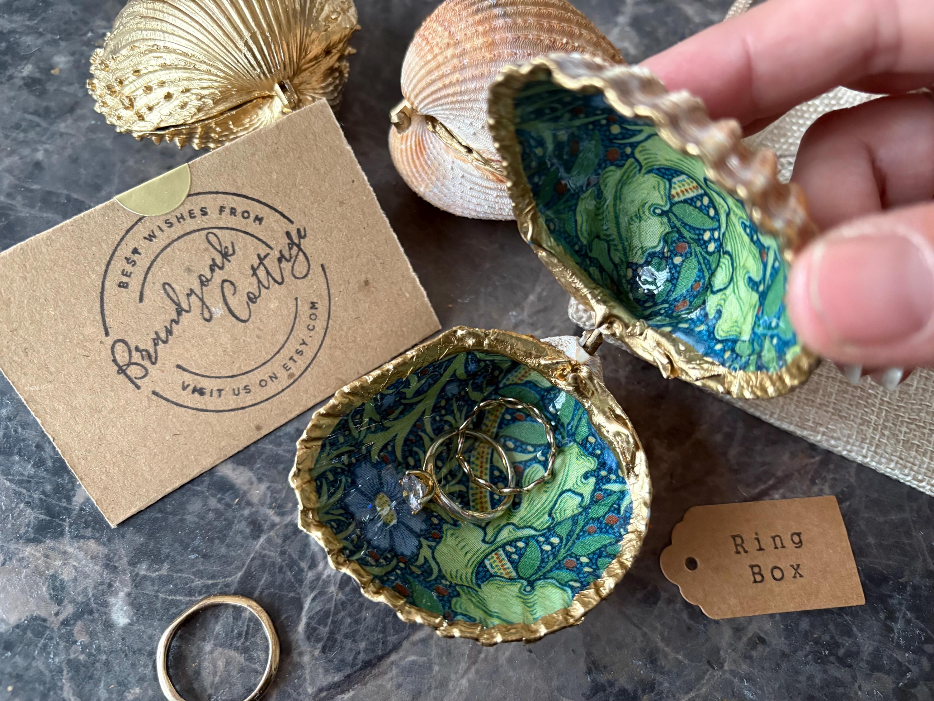 William Morris Cockle Shell Ring Box in Green Blue Floral Gold | Beach ...