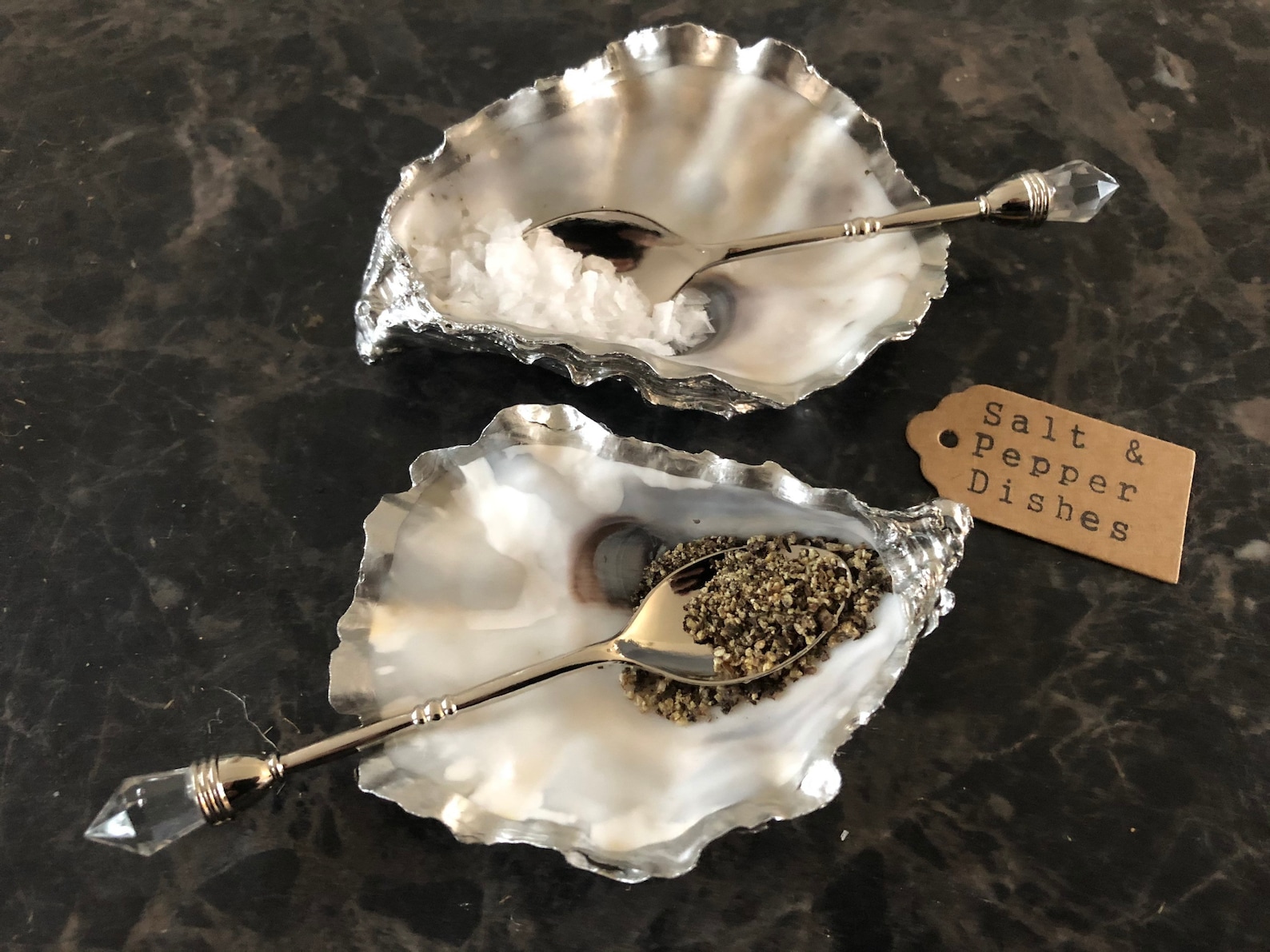 Pair of Silver Oyster Shell Salt & Pepper Cruet Dishes With Matching ...