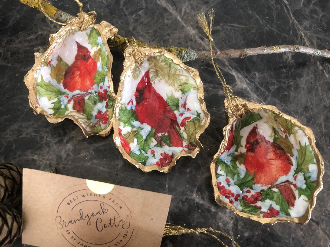 Hanging Red Cardinal Cupped Oyster Shell Decorations | Red Cardinal ...